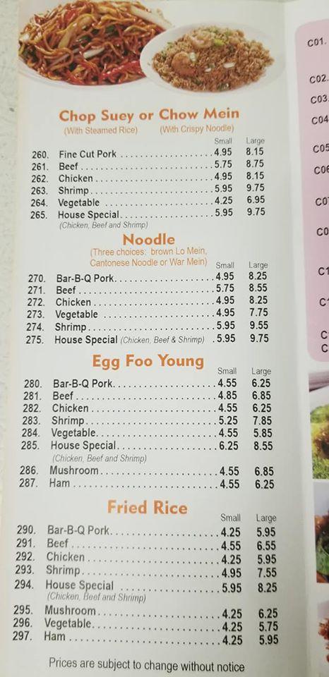 Menu at Ming's Garden restaurant, Marengo