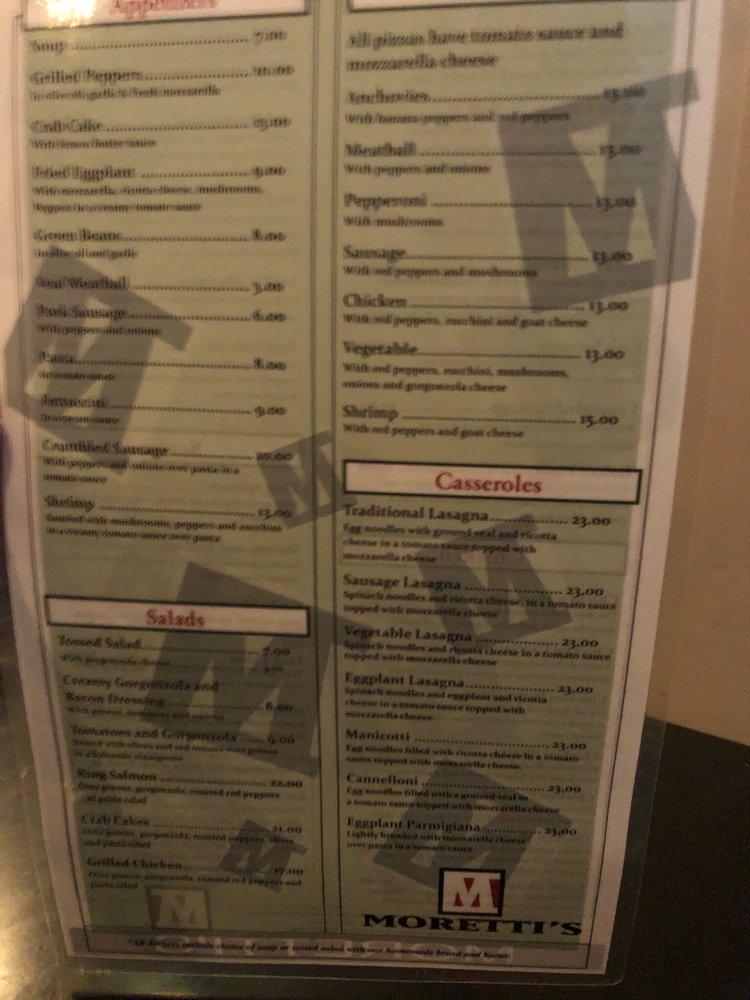 Menu at Moretti's on Dublin restaurant, Dublin