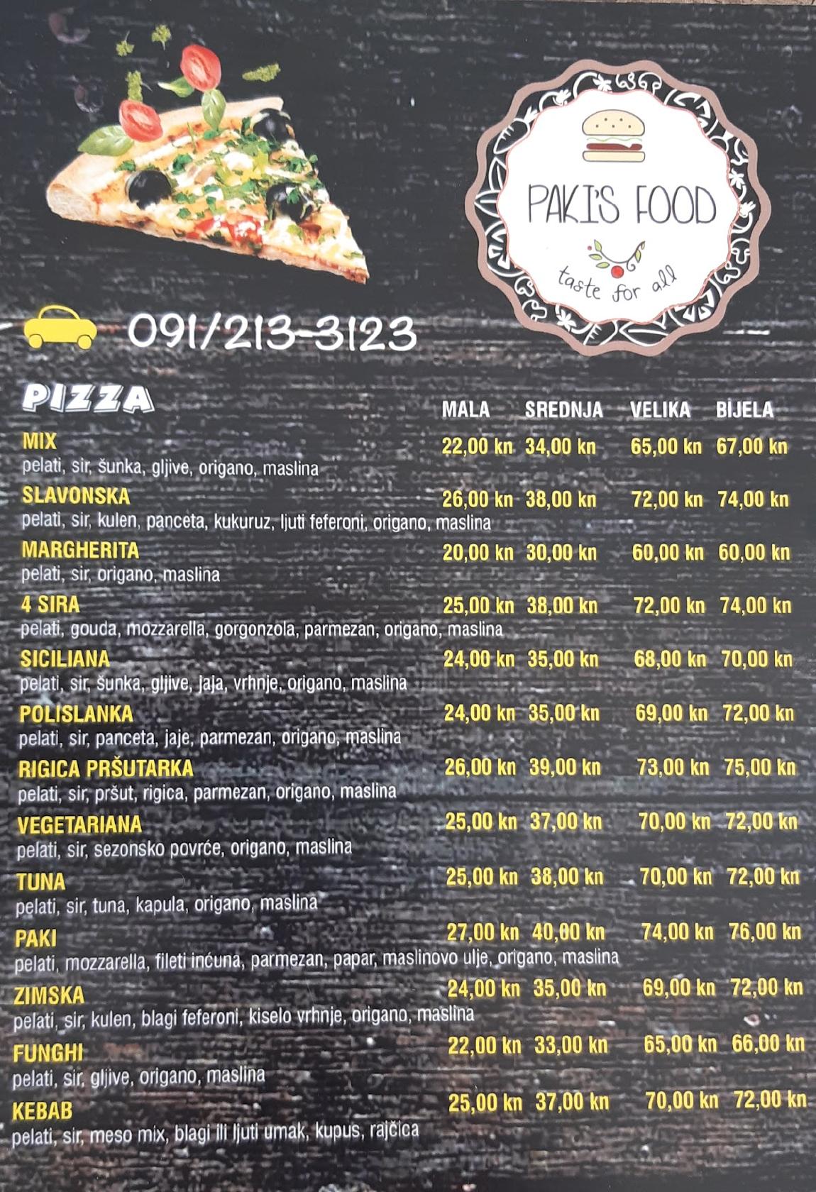 Menu at Paki restaurant, Marinići