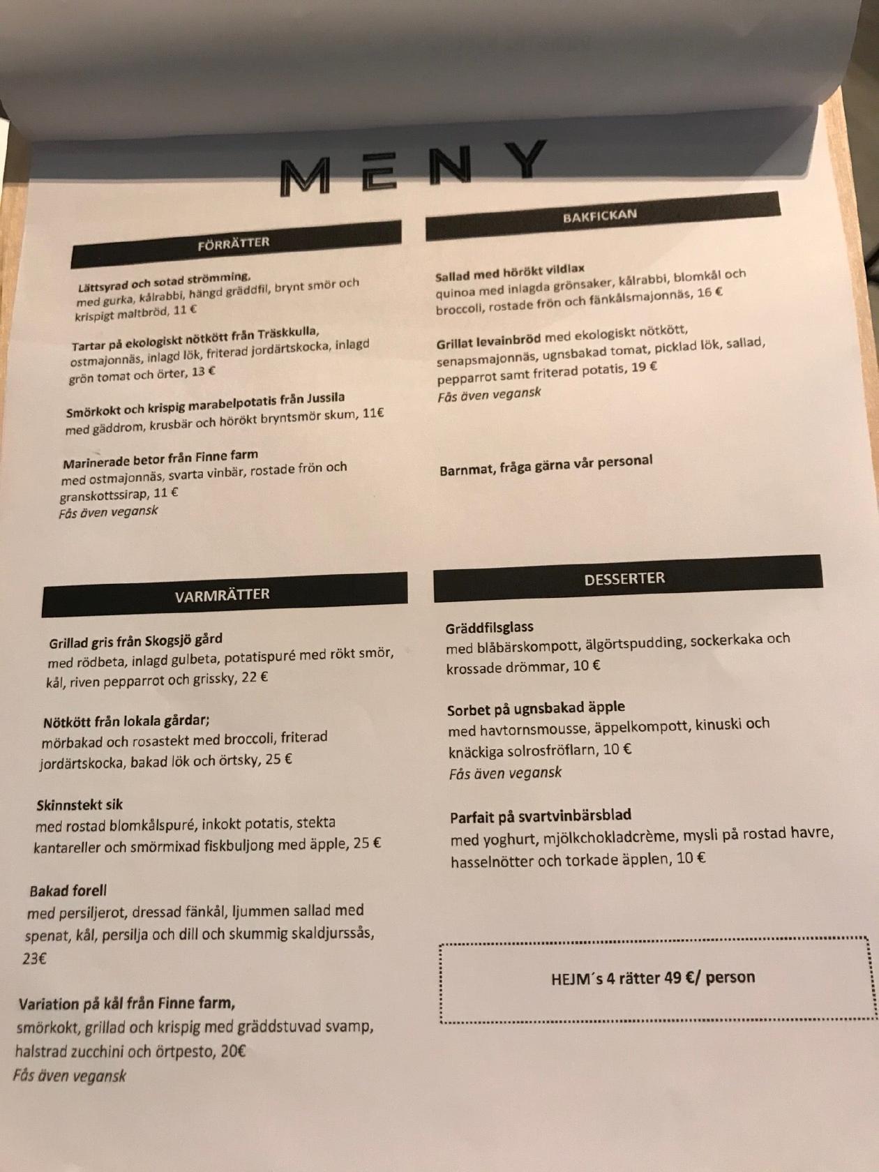 Menu at Restaurant Hejm, Vaasa
