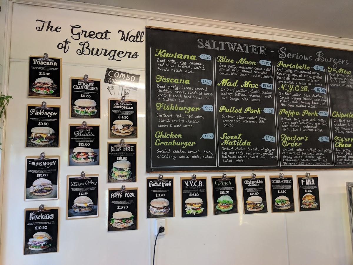 Menu at Saltwater Burger Bar, Auckland
