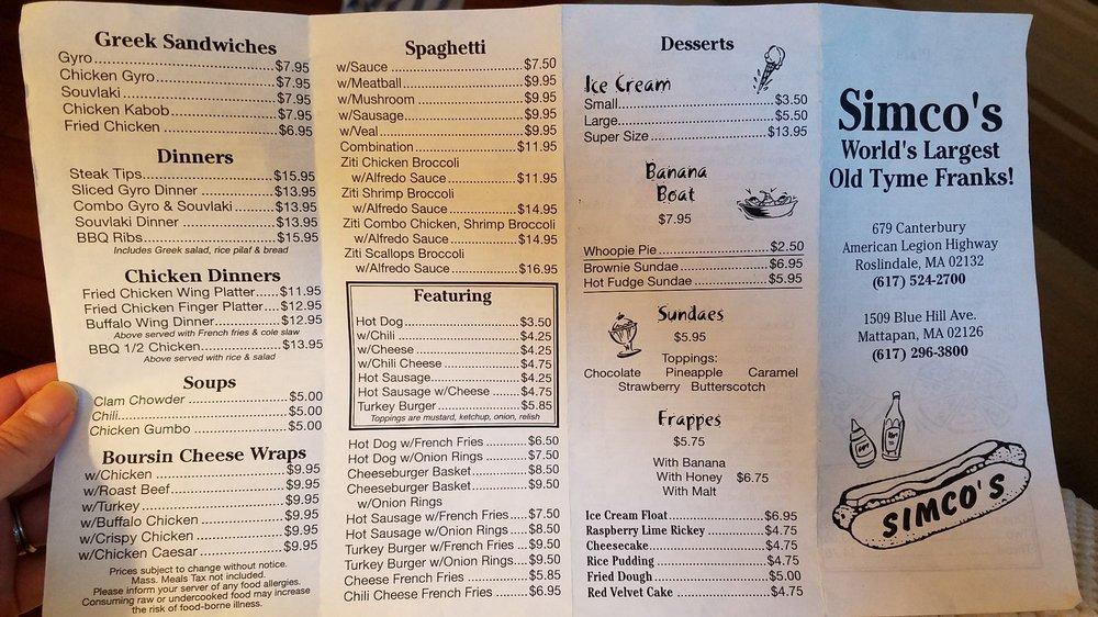 Menu at Simco's restaurant, Boston, Blue Hill Ave