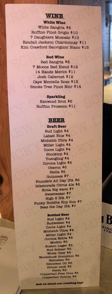 Menu at The Lucky Screw pub & bar, Fort Myers