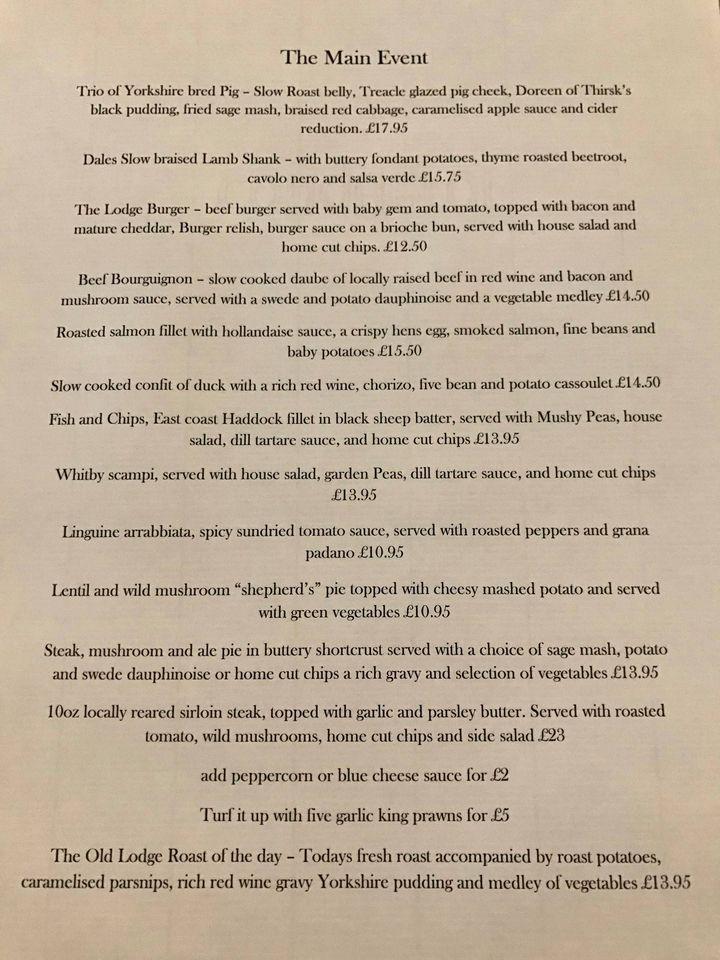Menu at The Old Lodge Malton Malton pub & bar, Malton