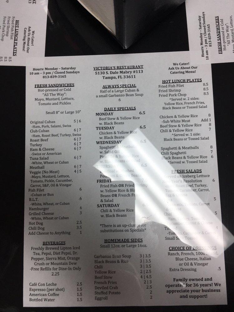 Menu at Victoria's Restaurant, Tampa