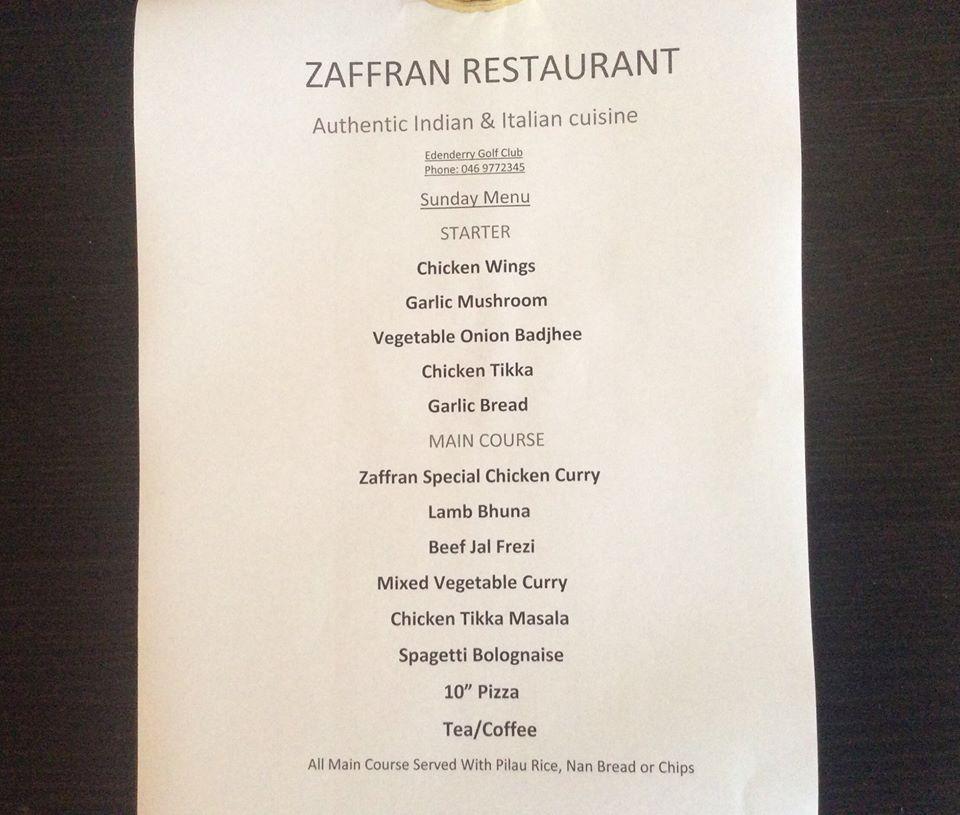 Menu at Zaffran Restaurant Edenderry, Edenderry