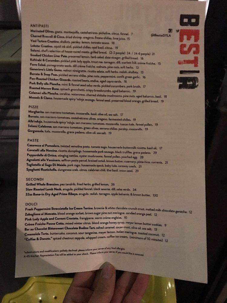 Menu at Bestia pub & bar, Los Angeles