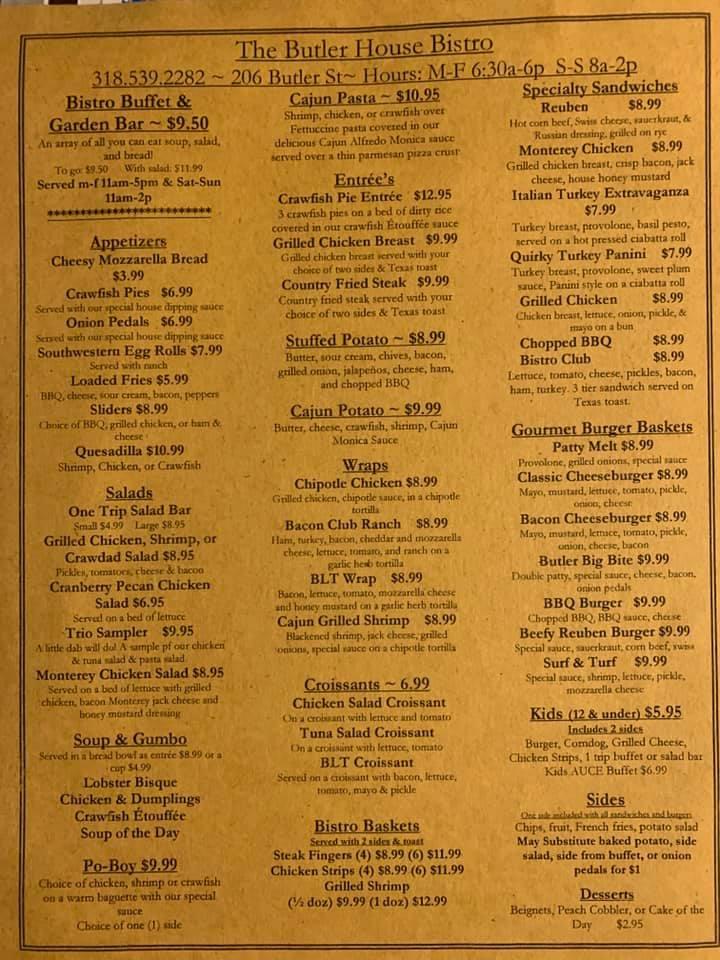 Menu at Butler House Bistro restaurant, Springhill