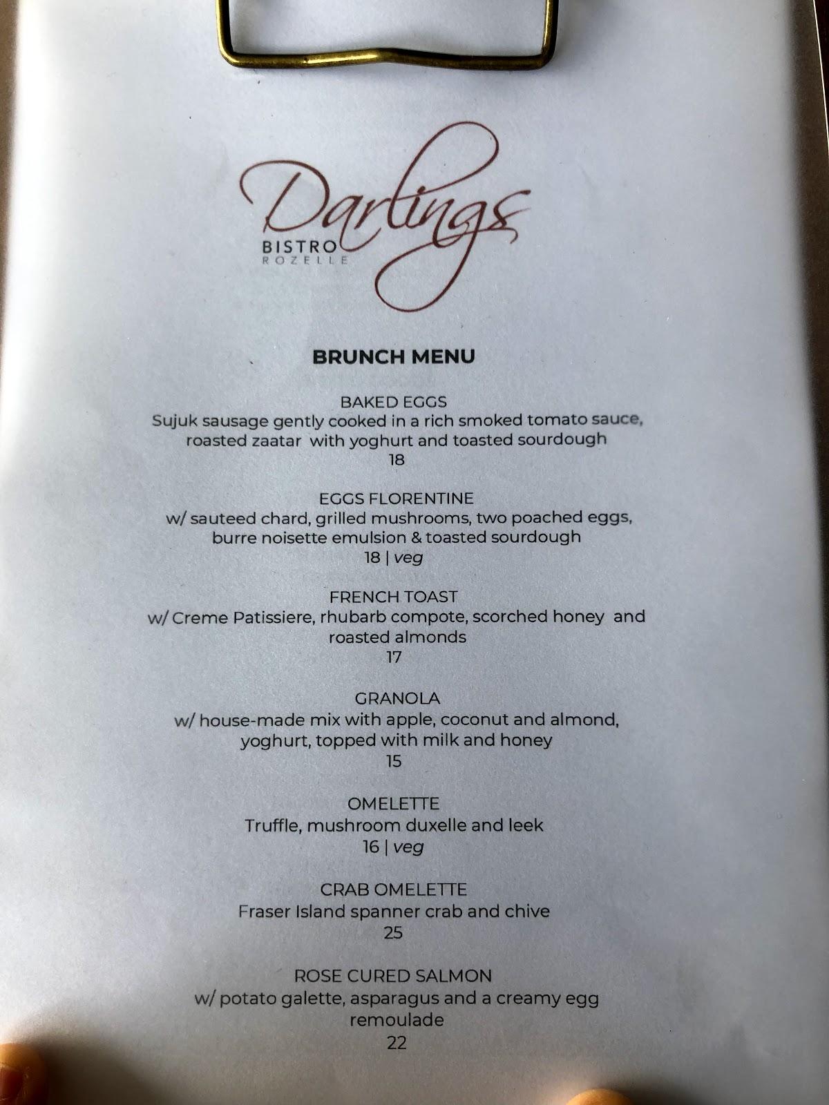 Menu at Darlings Bistro cafe, Rozelle, 612 Darling St