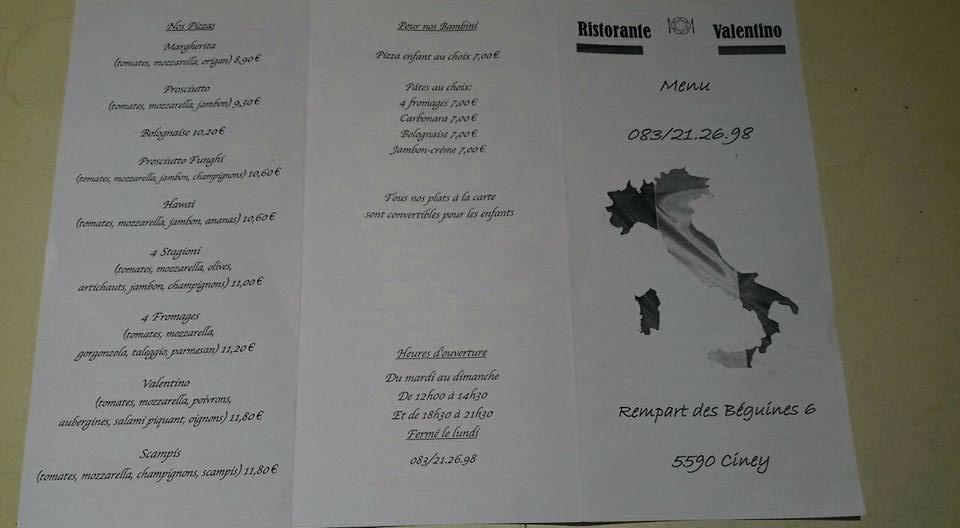 Menu au Valentino, Ciney
