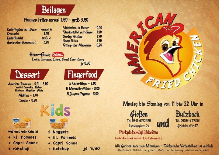 Menu at American Fried Chicken restaurant, Giessen