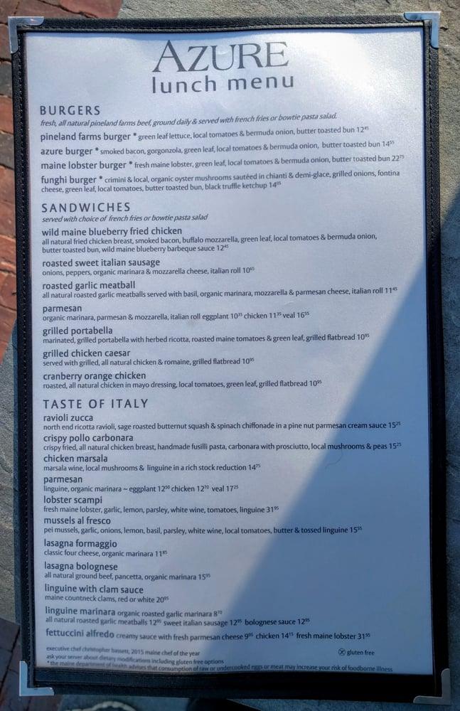 Menu at Azure Cafe, Freeport