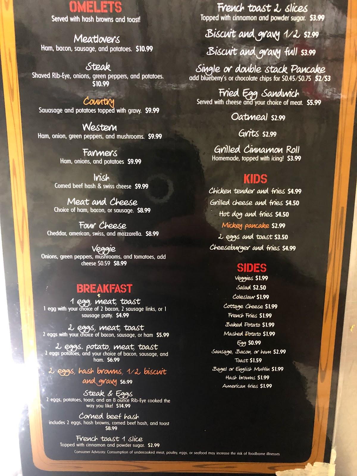 Menu at Bear’s 105 Diner restaurant, Perry