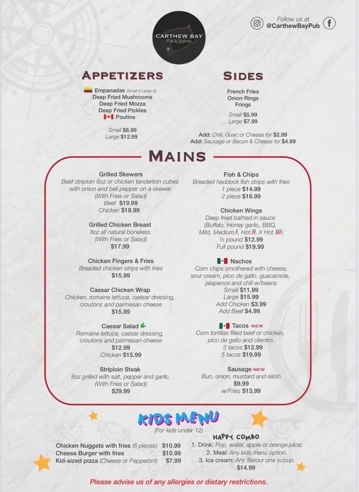 Menu at Carthew Bay Pub & Scoops, Orillia