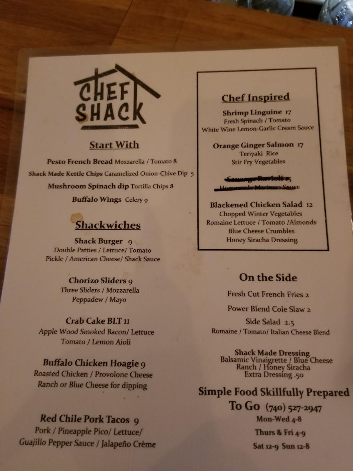 Menu at Chef Shack restaurant, Buckeye Lake