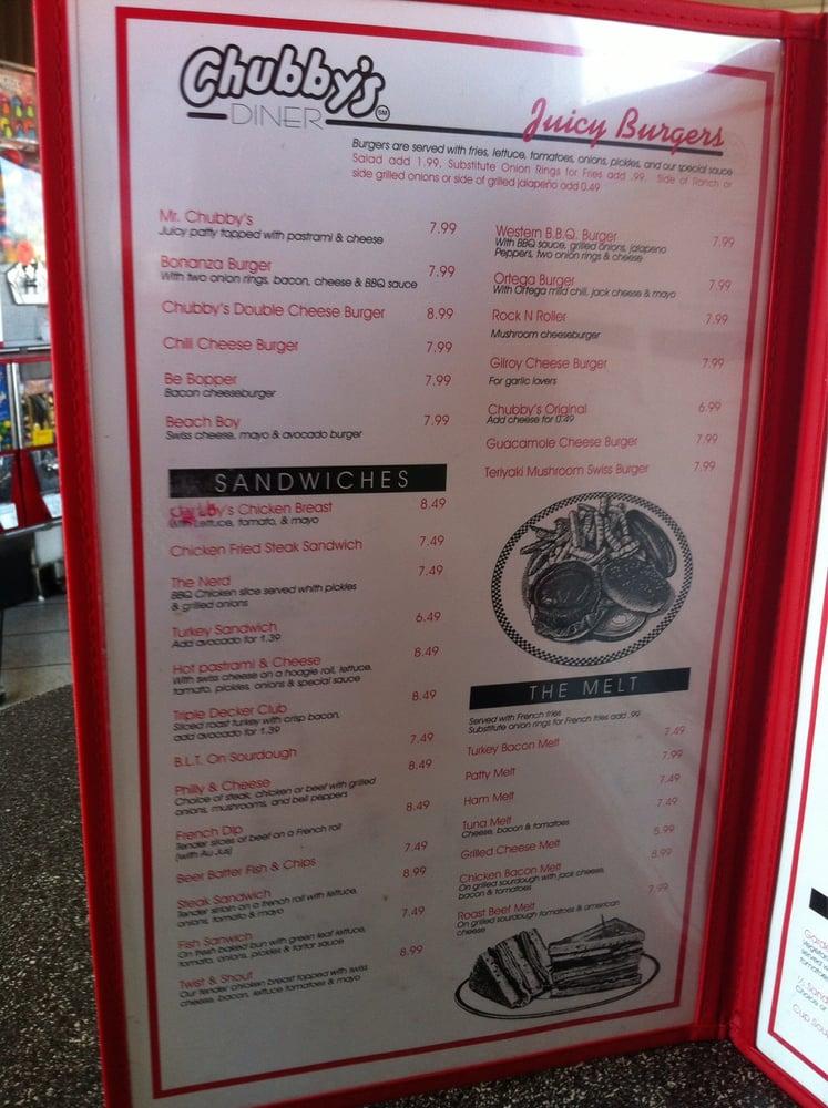 Menu at Chubby's Diner restaurant, Kerman