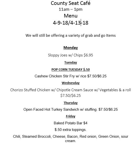 Menu at County Seat Cafe, Fargo