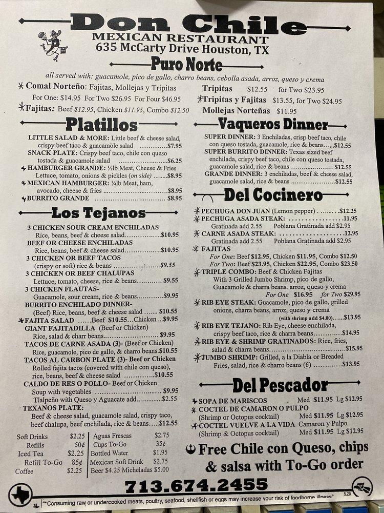 Menu at Don Chile Mexican Restaurant, Houston