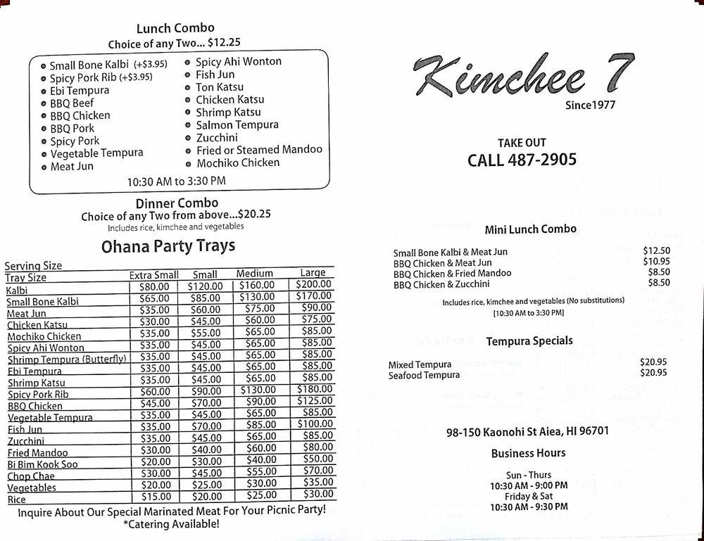 Menu at Kim Chee Restaurant 7, Aiea