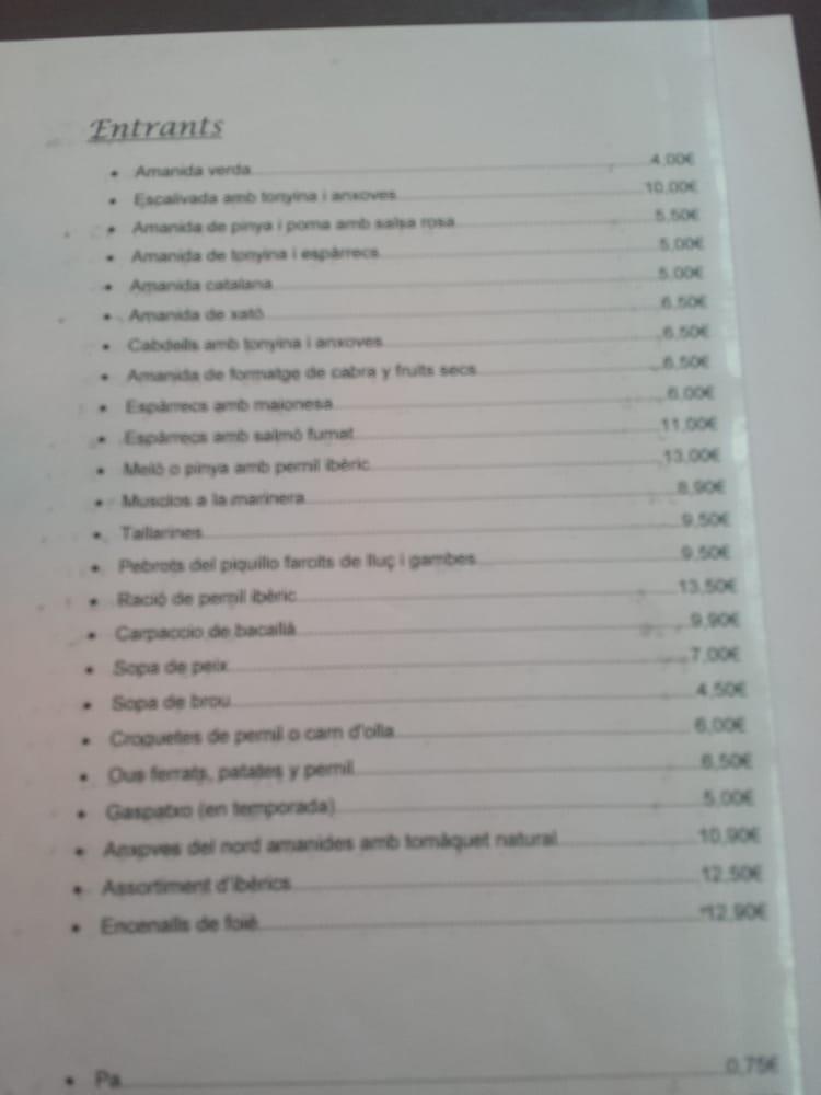 Carta de Restaurant Lloret, Casteldefels
