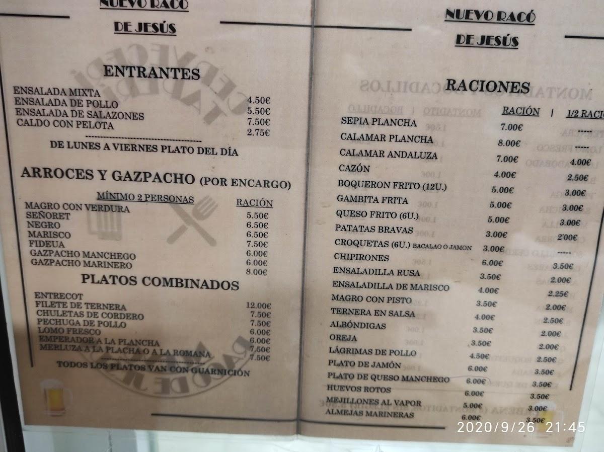 Carta del restaurante Nuevo racó del Jesus, Alicante