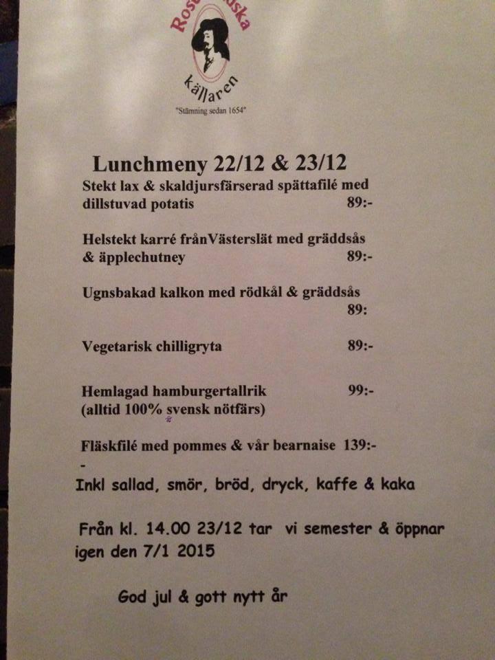 Menu at Rosenlundska Källaren restaurant, Kalmar