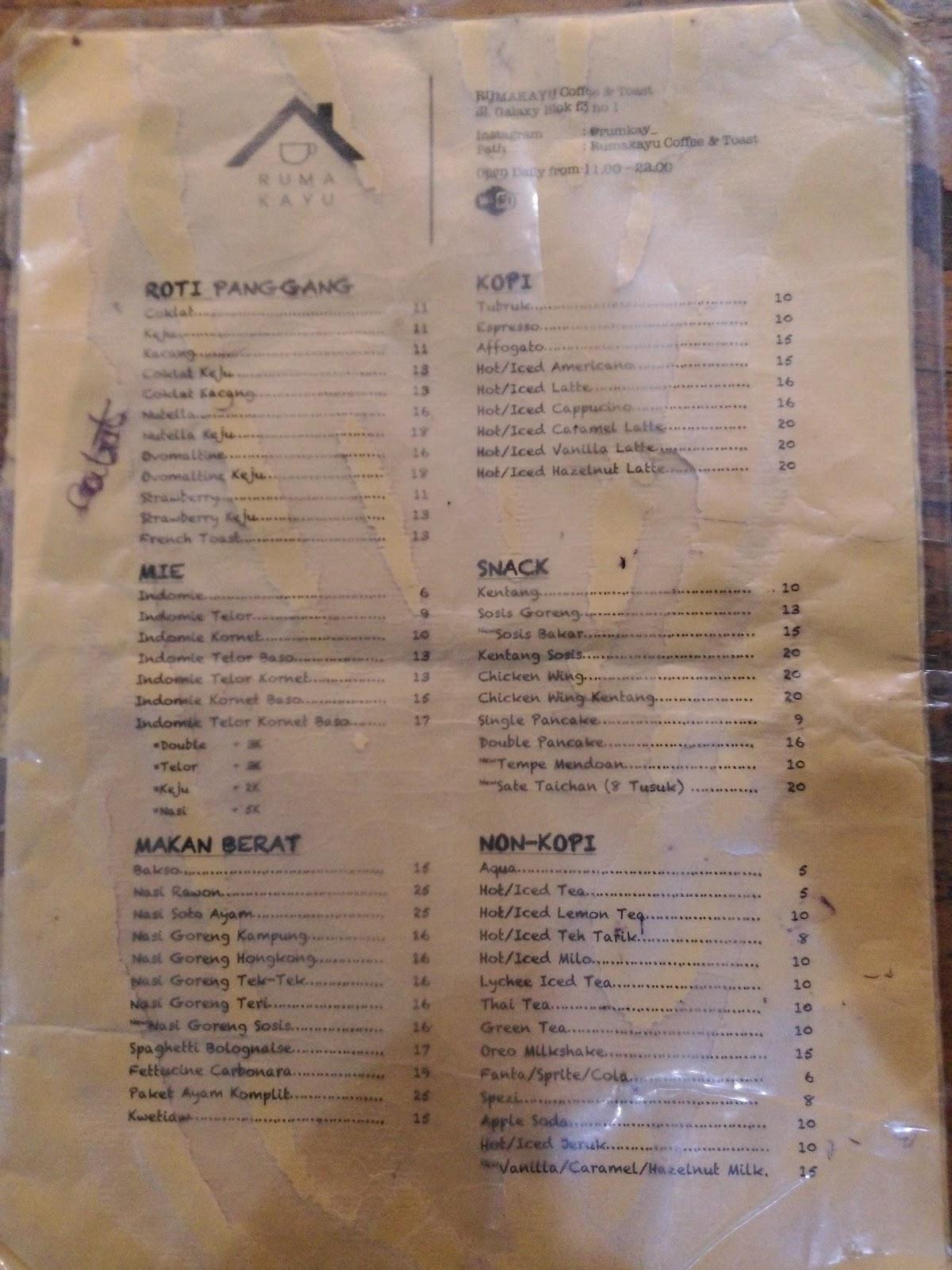 Carta del restaurante Rumah Kayu, Cilegon