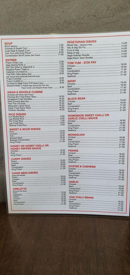 Menu at Steven's Asian Kitchen Take Away restaurant, Georgetown