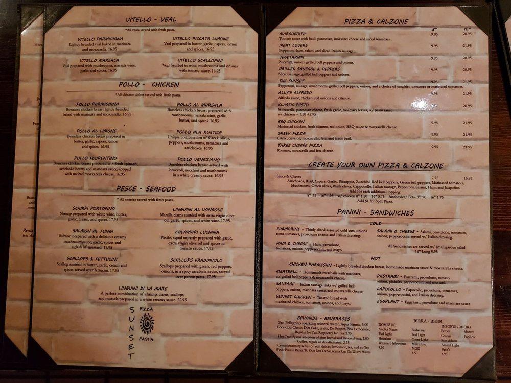 Menu at Sunset Pizza & Pasta pub & bar, Long Beach