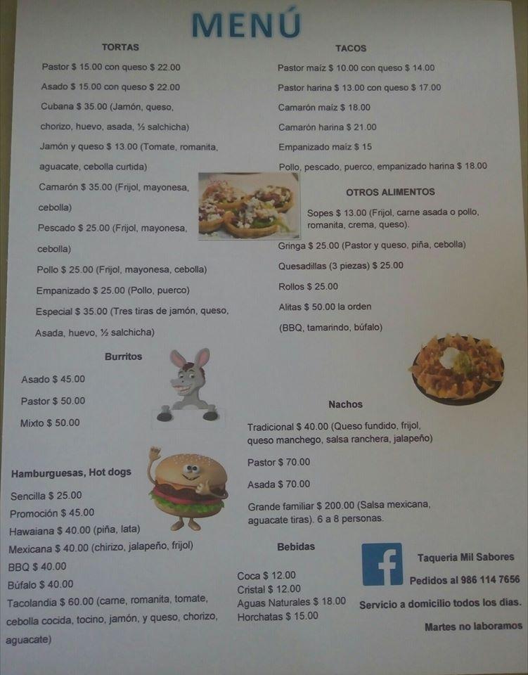 Menu at Taqueria Mil Sabores restaurant, Espita