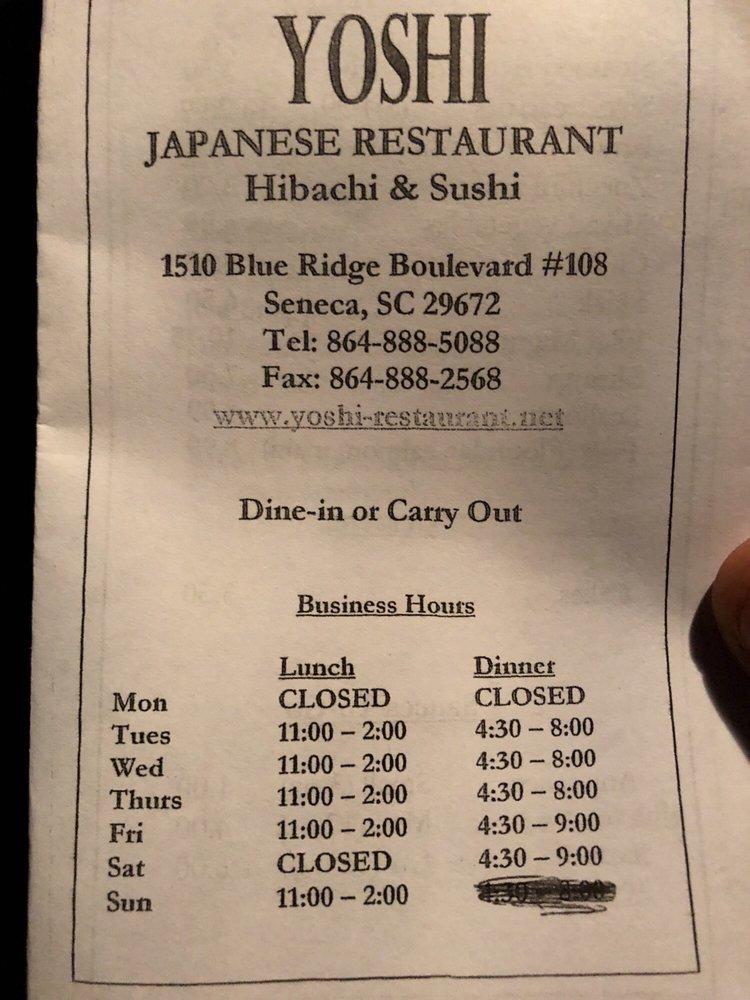 Carta de Yoshi Japanese Restaurant, Seneca