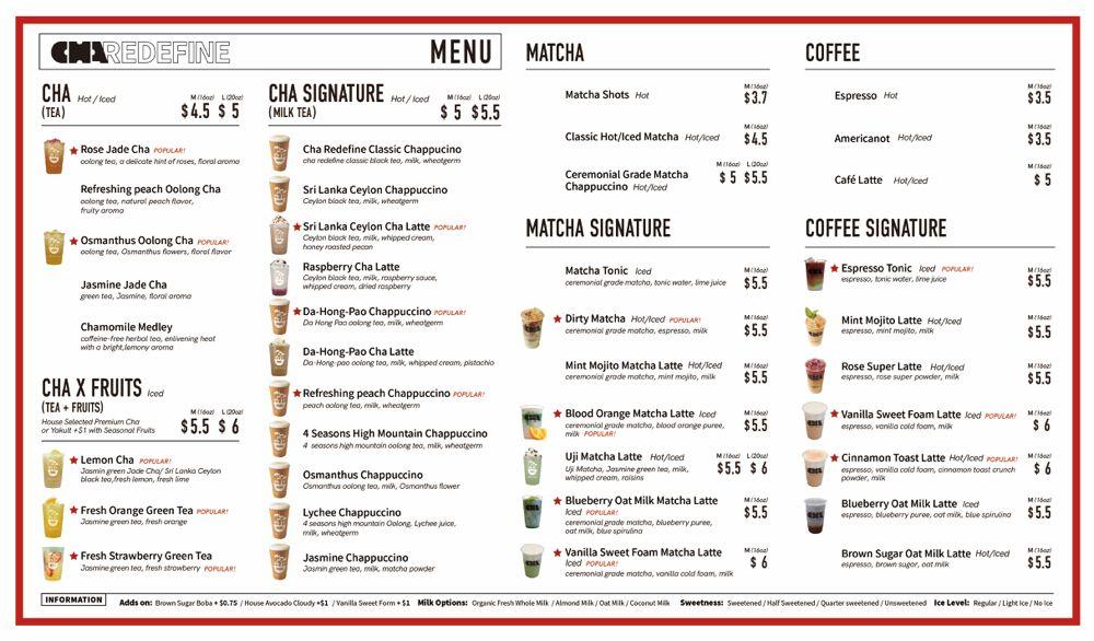 Menu at Cha Redefine, Los Angeles