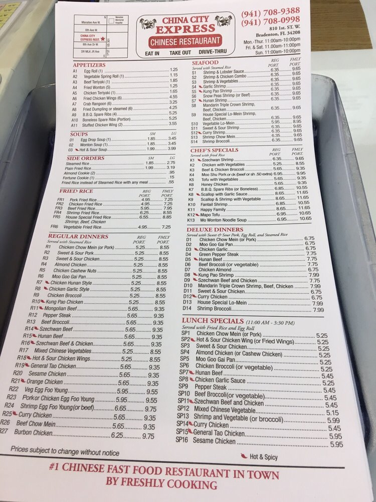 Menu at China City Express restaurant, Bradenton, 810 1st St W