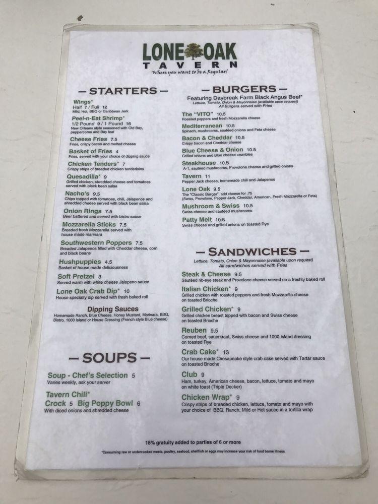 Carta del restaurante Lone Oak Tavern, Boyce