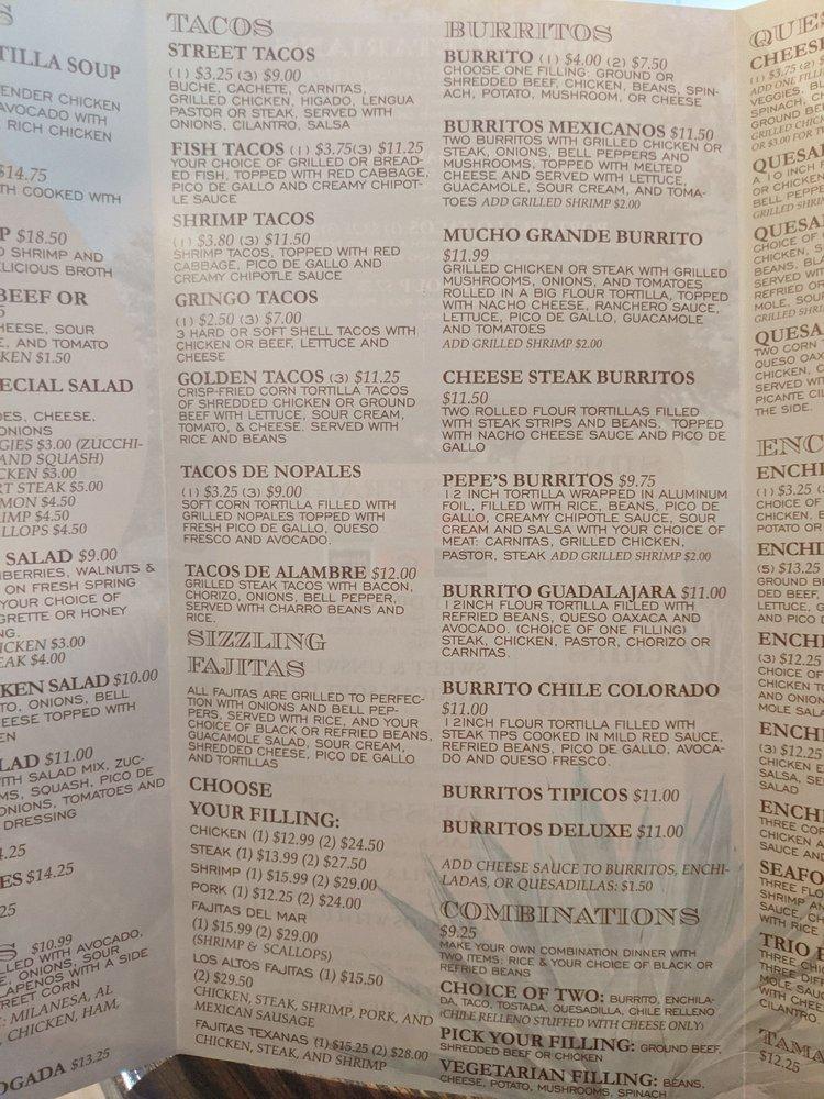 Menu at Los Altos Taqueria restaurant, Goose Creek