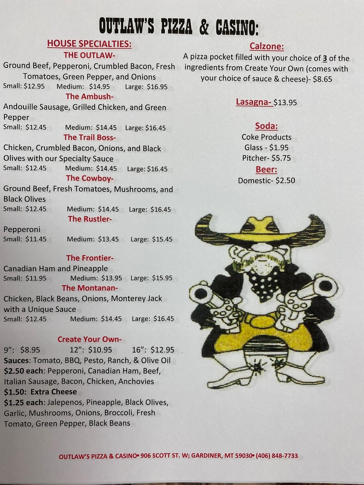 Menu at Outlaws Pizza pizzeria, Gardiner