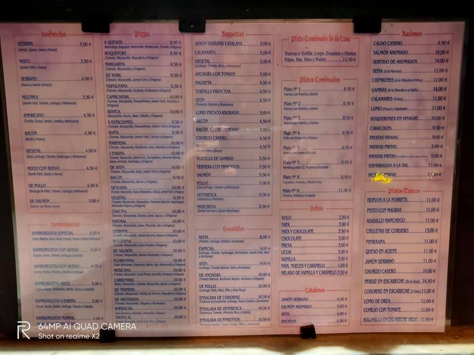 Menu at Pizzería Milagros, Villanueva de los Infantes