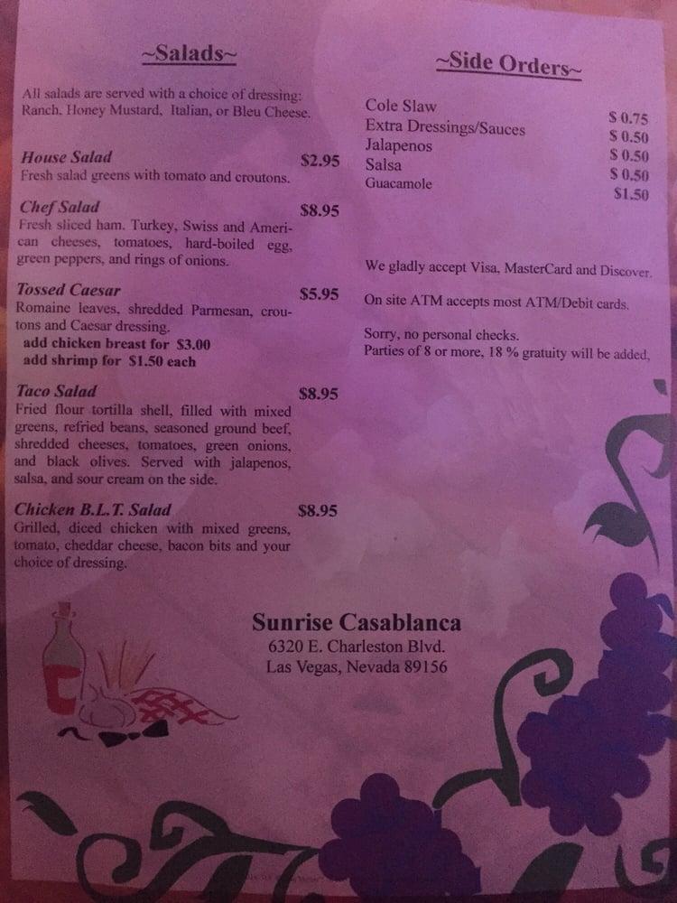 Menu at Sunrise Casablanca pub & bar, Las Vegas, E Charleston Blvd