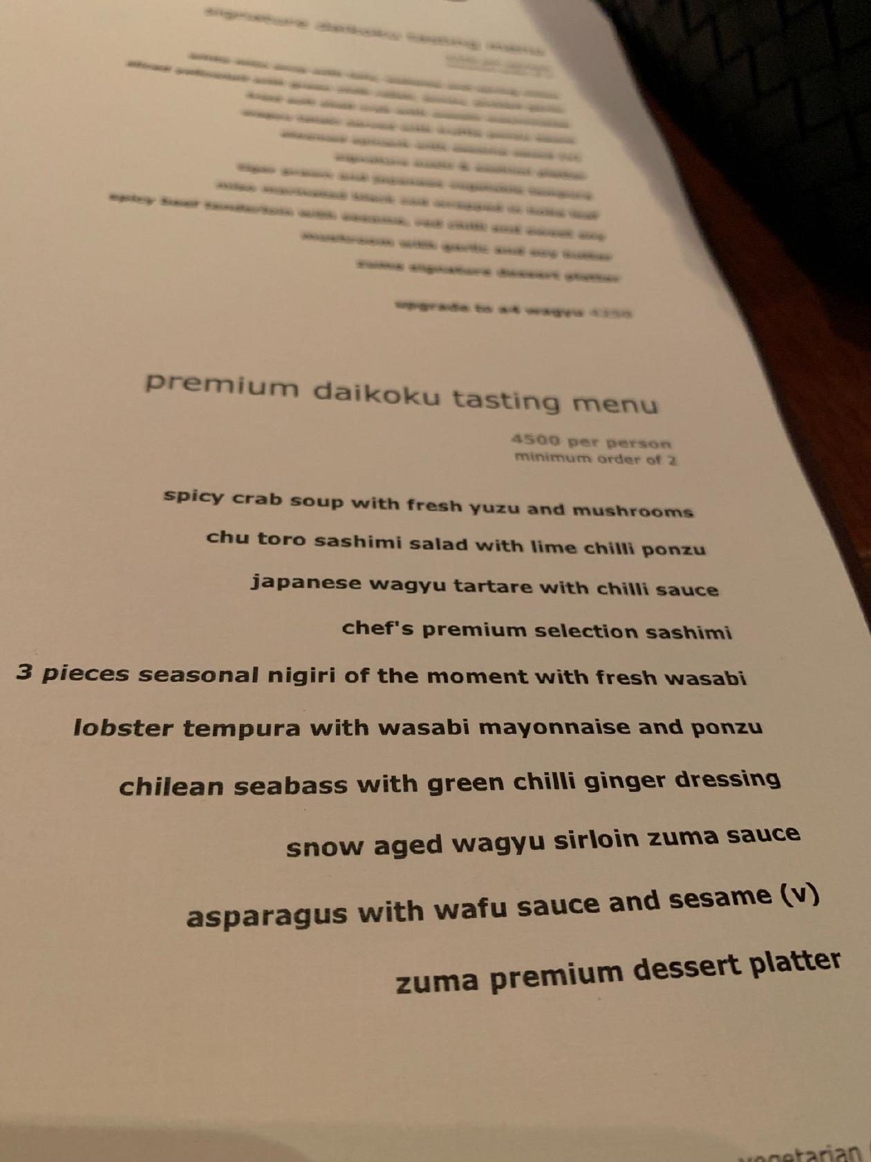 Menu at Zuma Bangkok restaurant, Bangkok