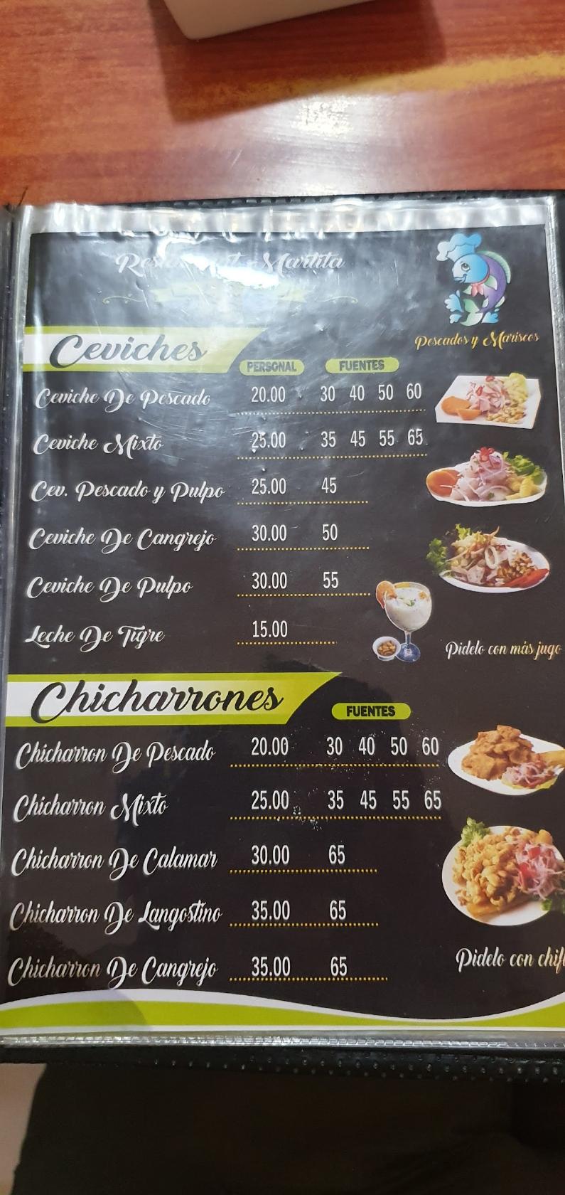 Menu at Cevicheria Martita restaurant, Chimbote