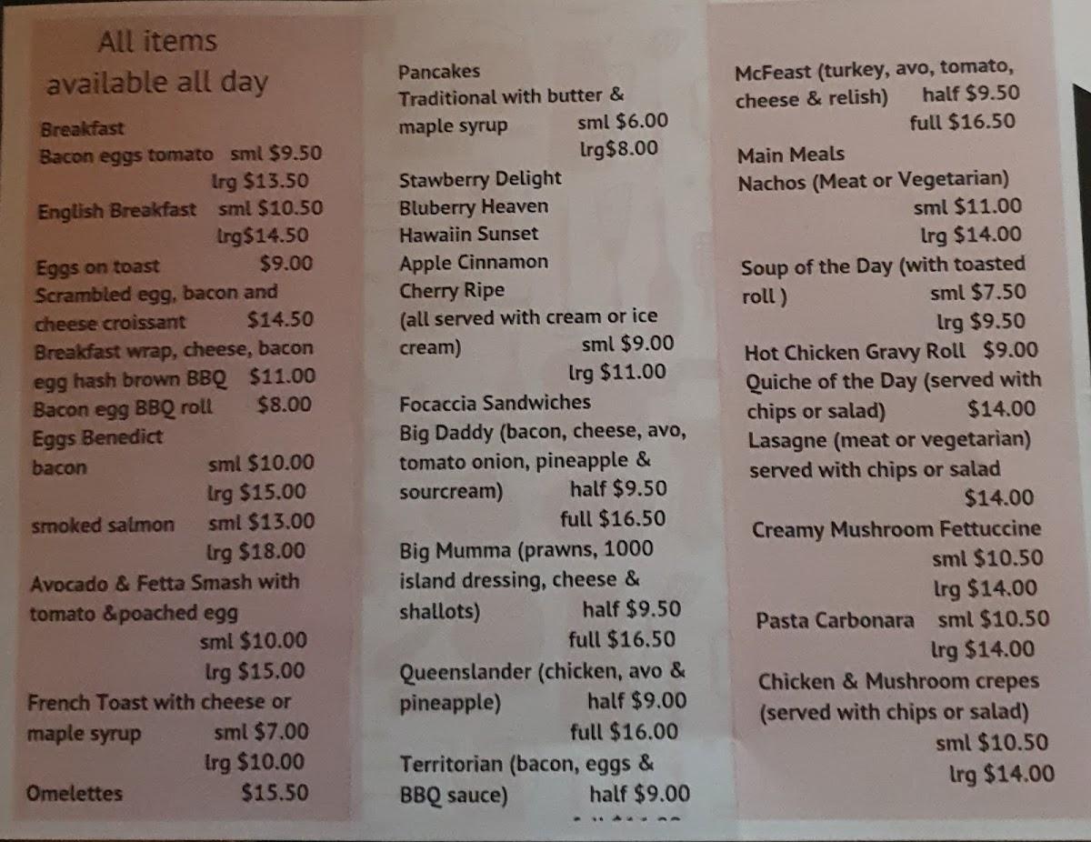 Menu at Elly's Coffee Lounge cafe, Armidale, 100 Jessie St