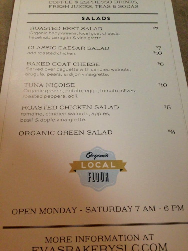 Menu at Eva's Bakery, Salt Lake City