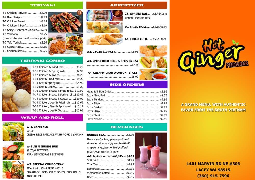 Menu at Hot Ginger Pho restaurant, Lacey