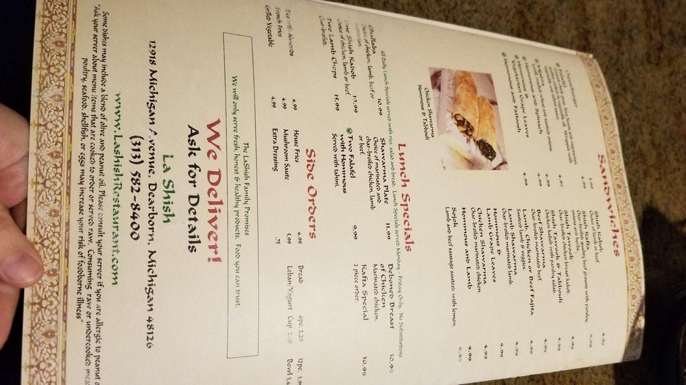 Menu at La Shish restaurant, Dearborn, 12918 Michigan Ave