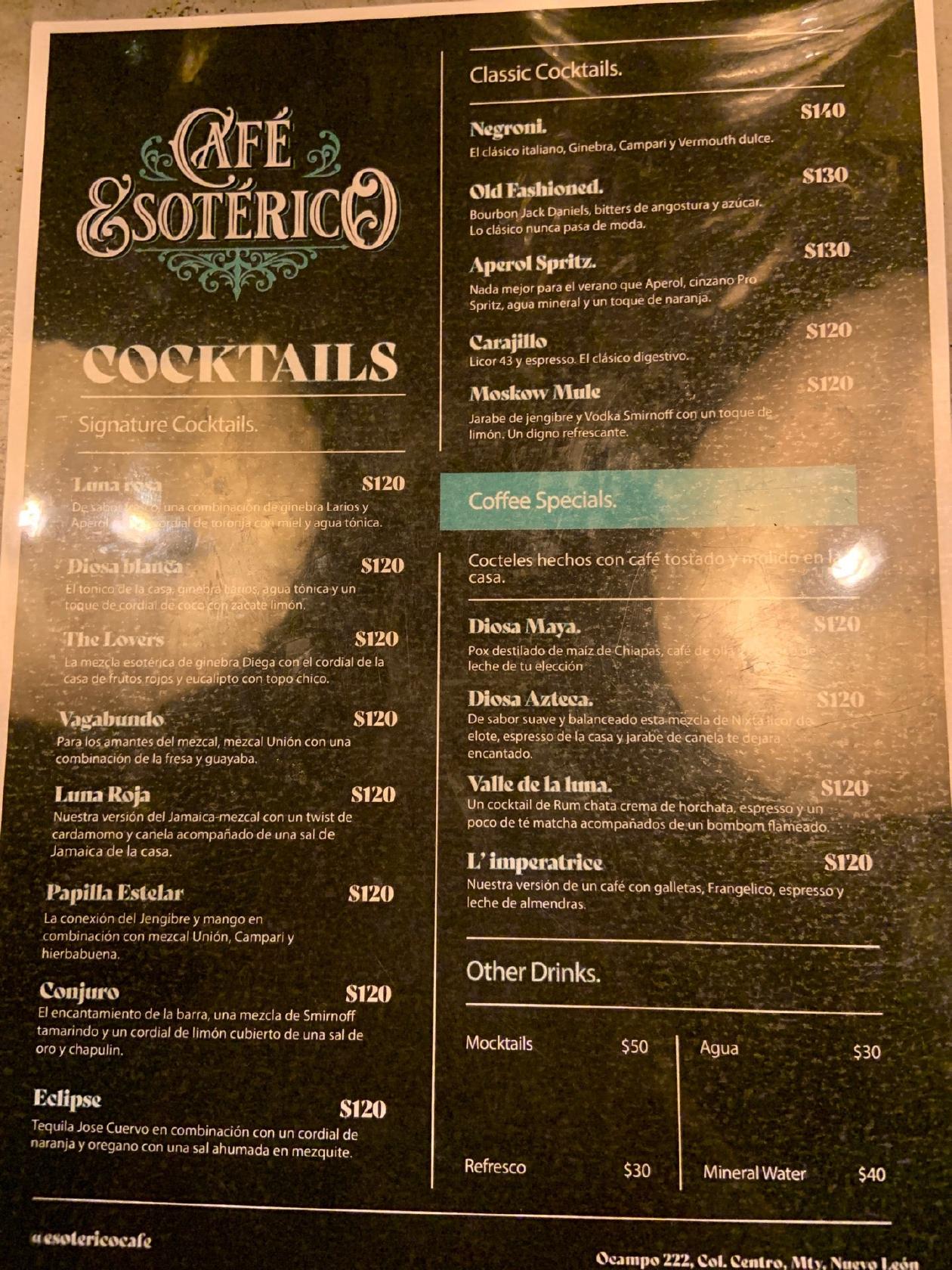 Carta del restaurante Metapatio, Monterrey