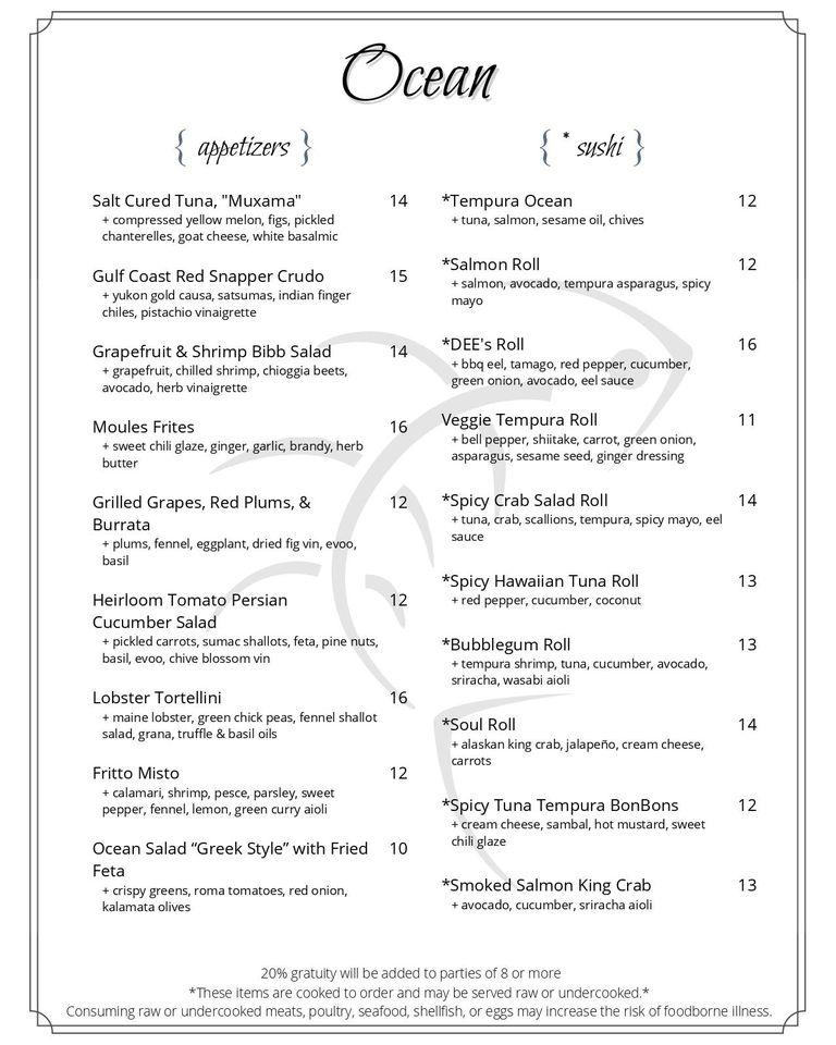 Menu at Ocean Restaurant, Birmingham