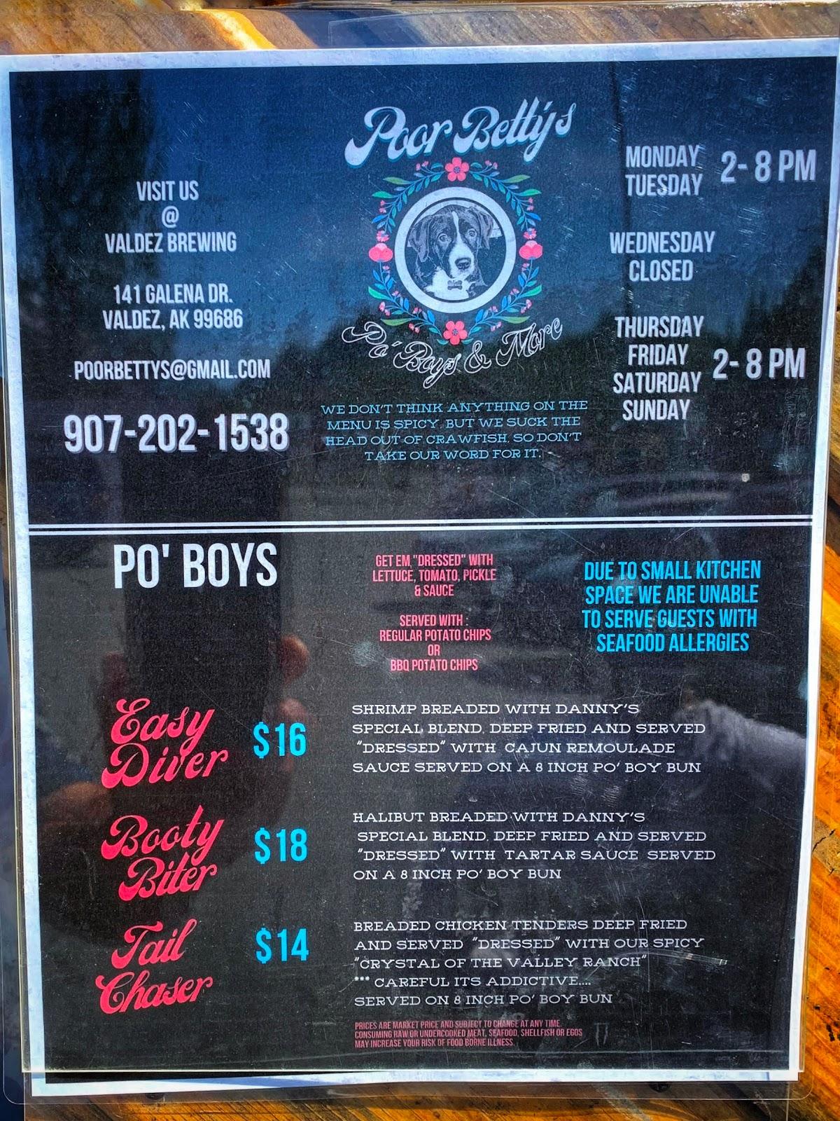 Menu at Poor Betty's fast food, Valdez