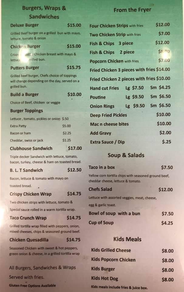 Menu at Putters Grill Concessions, Sparwood