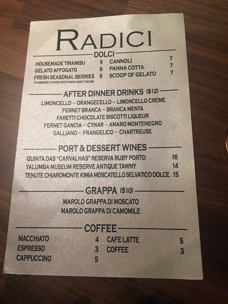 Menu at Radici restaurant, Hermosa Beach