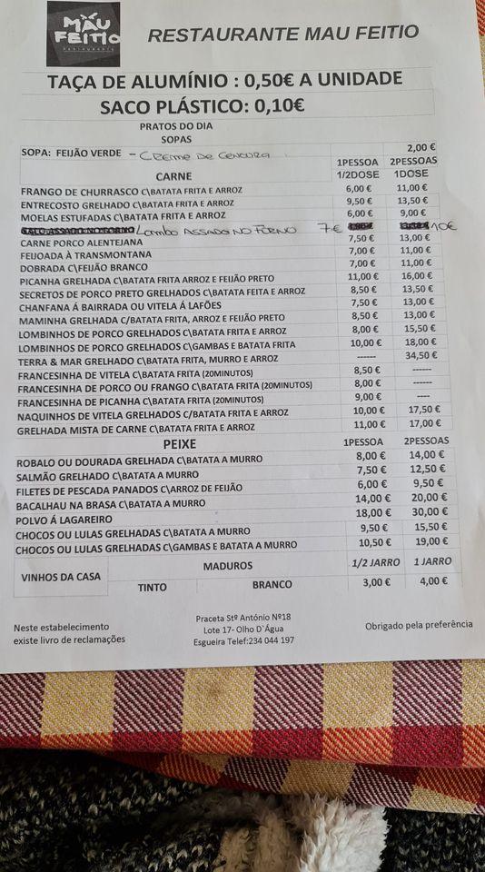 Menu em Mau Feitio restaurante, Aveiro, Praceta de Santo António n18